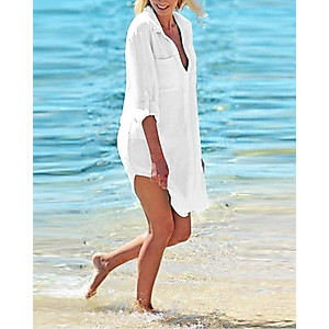 ZIWOCH Womens Sexy Beachwear Button Down Shirts Casual Bathing Suits Swimsuits Cover Up with Pockets White