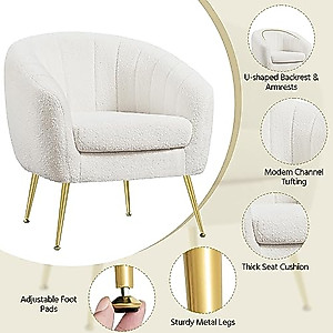 Yaheetech Sherpa Fabric Accent Chair, Modern Cozy Vanity Chair with Gold Metal Legs, Boucle Fabric Armchair with Removable Seat Cushion for Living Room Bedroom Office Guest Room, Ivory