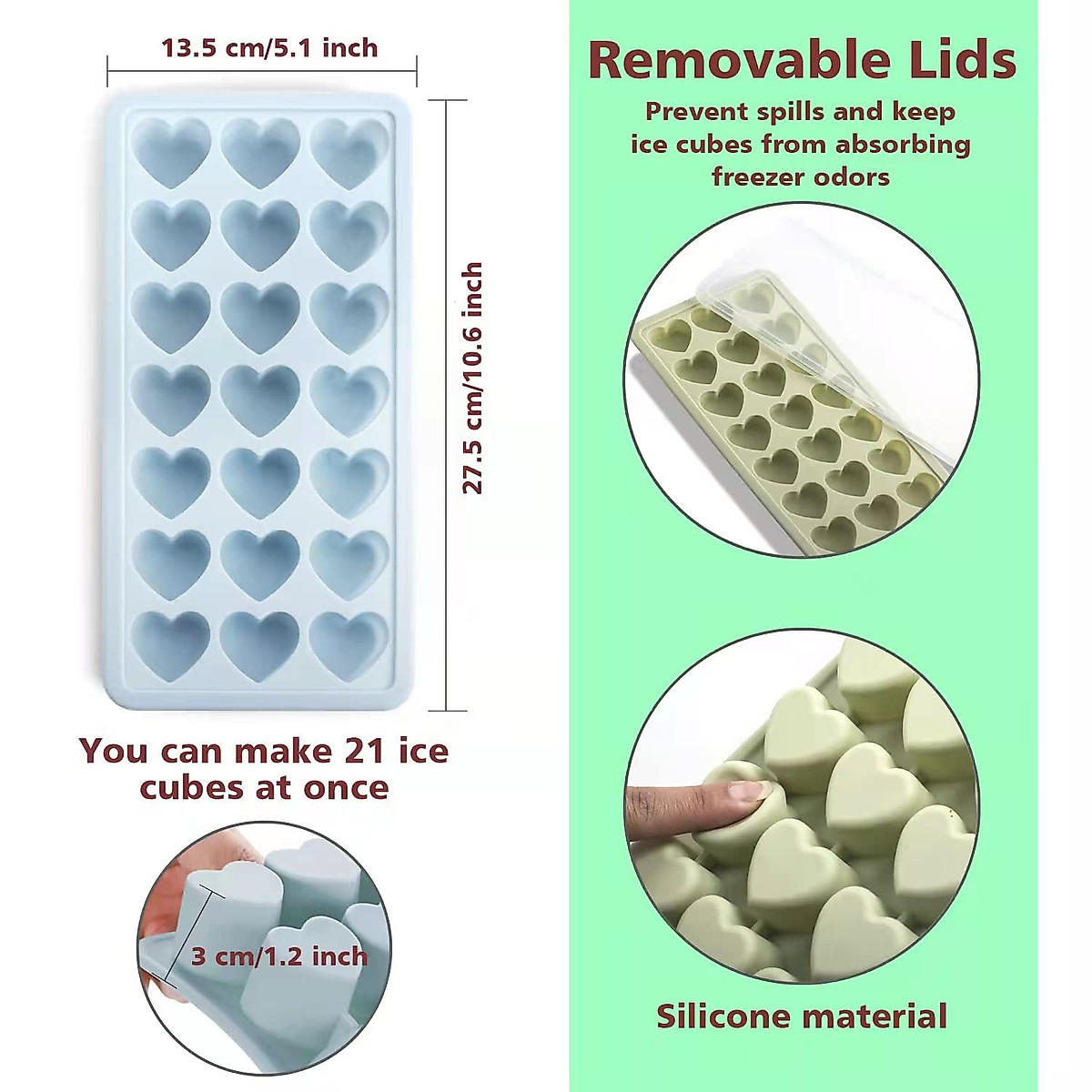 Heart Shape Ice Cube Tray, 21 Holes Silicone Ice Cube Mold with Removable Lid Flexible for Whiskey Cocktail Chocolate Valentine's Day (Blue)