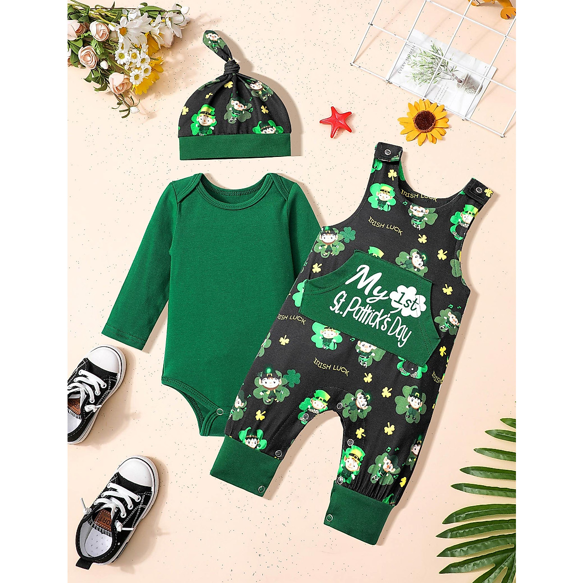 KANGKANG St Patricks Day Baby Boy Outfit My First St Patricks Day Baby Boy Outfit Baby Boy Clothes 3-6 Months Baby Rompers Overalls Hat