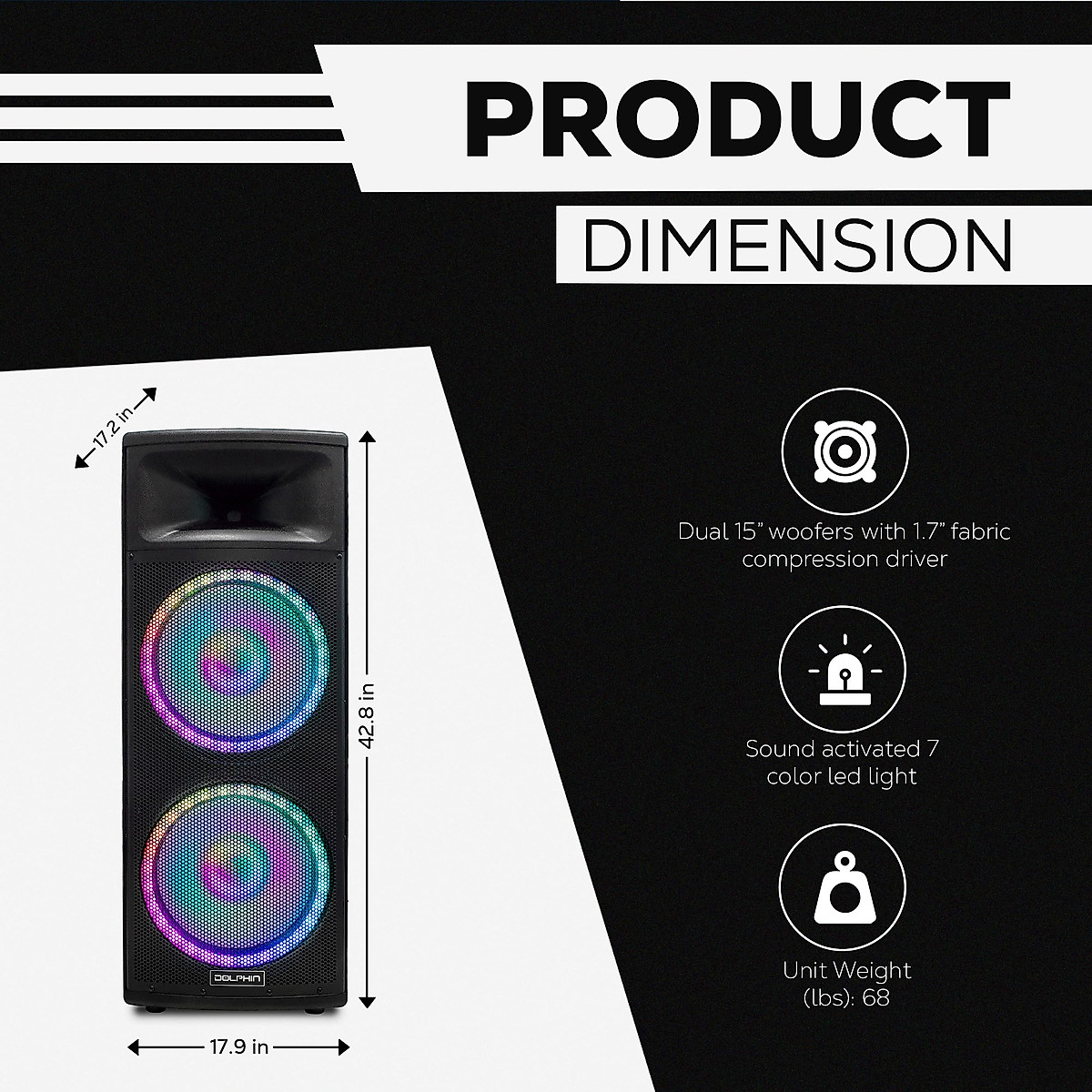 Dolphin SPX-280BT - Powerful DEEP BASS | Dual 15" Woofers, 6500W - Bluetooth Cabinet PA Speaker System with LED Light Show, Ground Shaker, Wireless Mic