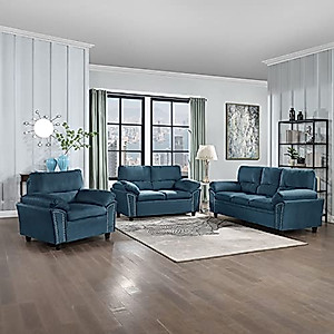 KEVINSPACE 83.26" 3 Seater Sofa Velvet for Living Room,Tufted Upholstered Couch with Wider Arms and Nailhead for Bedroom, Office, Apartment Blue
