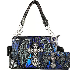 Justin West Camouflage Tree Branches Bling Rhinestone Cross Wings Handbag Purse Messenger Bags and Wallet Purple Wing