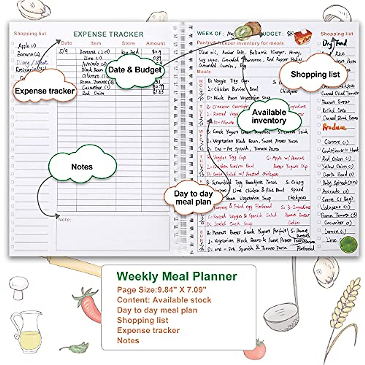 Weekly Meal Planner Notebook and Food Planner with Easy Tear off Grocery List & Expense Tracker Organizer, 52 Weeks, 10"X7", Spiral Design