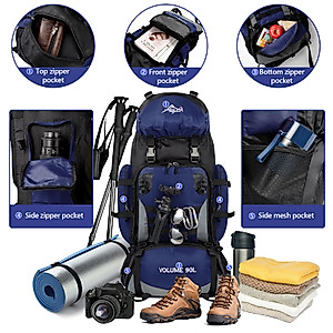 90L Large Camping Hiking Backpack with Rain Cover, Waterproof Molle Rucksack Military Backpack (Dark Blue)