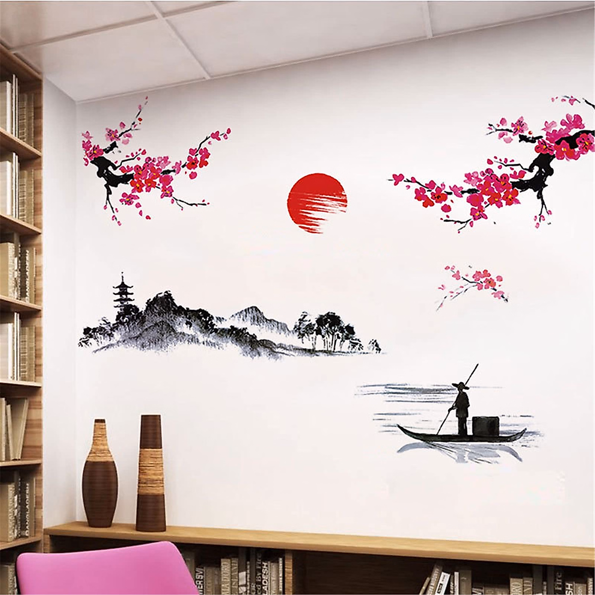 2 Sheets Japanese Style Splash Ink Landscape Painting Wall Sticker Red Cherry Blossom Wall Decals Removable Peel and Stick Mountain River Fisherman Mural for Bedroom Living Room TV Home Decor