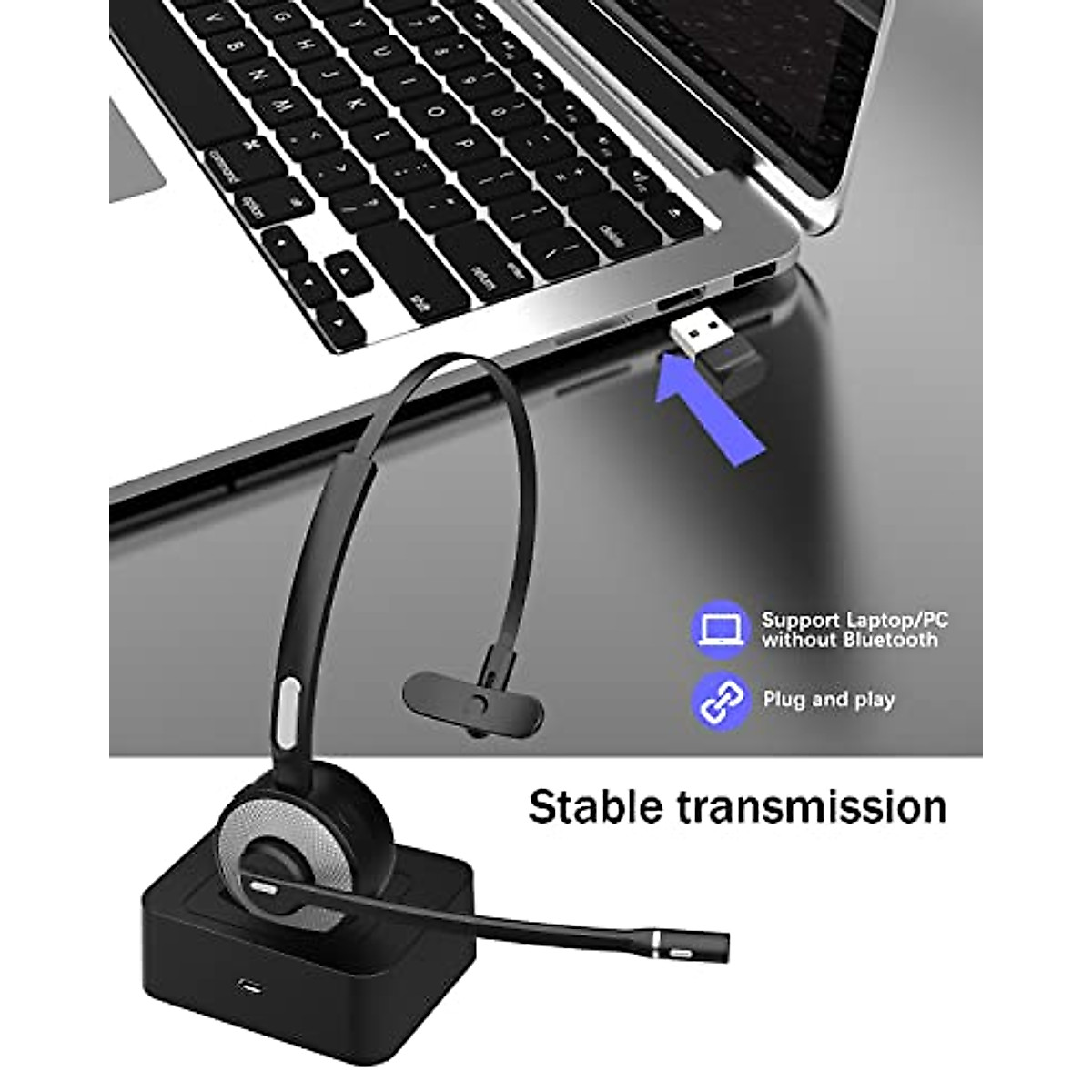 ASIAMENG Bluetooth Headset with USB Dongle/Adapter, Single-Ear Wireless Headset with Noise Cancelling Microphone Mute Key Charging Base/Stand for Computer PC Laptop Cell Phones Trucker Office Home