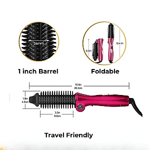 Mini Collaspe Hair Curler, Tangle-Free Curling Iron Brush and Volumizer, 1 inch Dual Voltage Travel-Friendly Tourmaline Ceramic Ionic Brush Styling Wand（Don't Blow Air