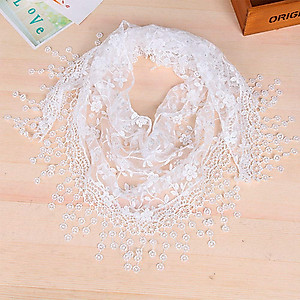 Cotchear Lace Scarf Floral Crochet Lightweight Tassel Sheer Wrap Scarves Shawl (White)