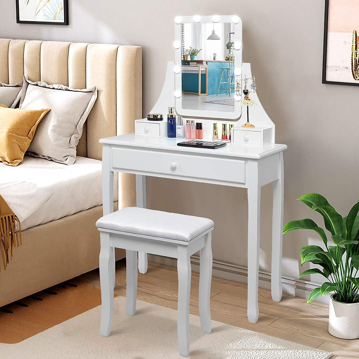 CHARMAID Vanity Set with Lighted Mirror, Makeup Table with 10 LED Dimmable Bulbs, 3 Drawers, 2 Dividers, Modern Bedroom Dressing Table Vanity Desk with Stool for Women Girls (White)