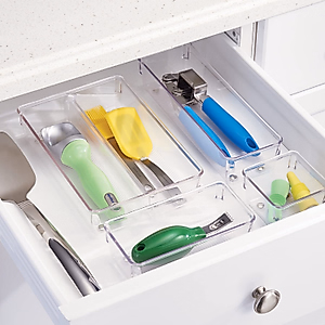 iDesign Linus Plastic Kitchen Drawer Organizer for Silverware, Spatulas, Cutlery, Gadgets, Office Supplies, Cosmetics, 4" x 4" x 3", Set of 2, Clear