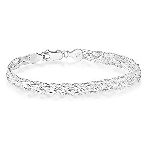 Miabella 925 Sterling Silver Italian 6-Strand Diamond-Cut 7mm Braided Herringbone Chain Bracelet for Women, 925 Italy (Length 7.25 Inches)