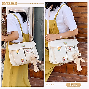 Canvas Crossbody Bag with Kawaii Pins and Pendent for Women Casual Shoulder Messenger Bag Ladies Canvas Shoulder Bag
