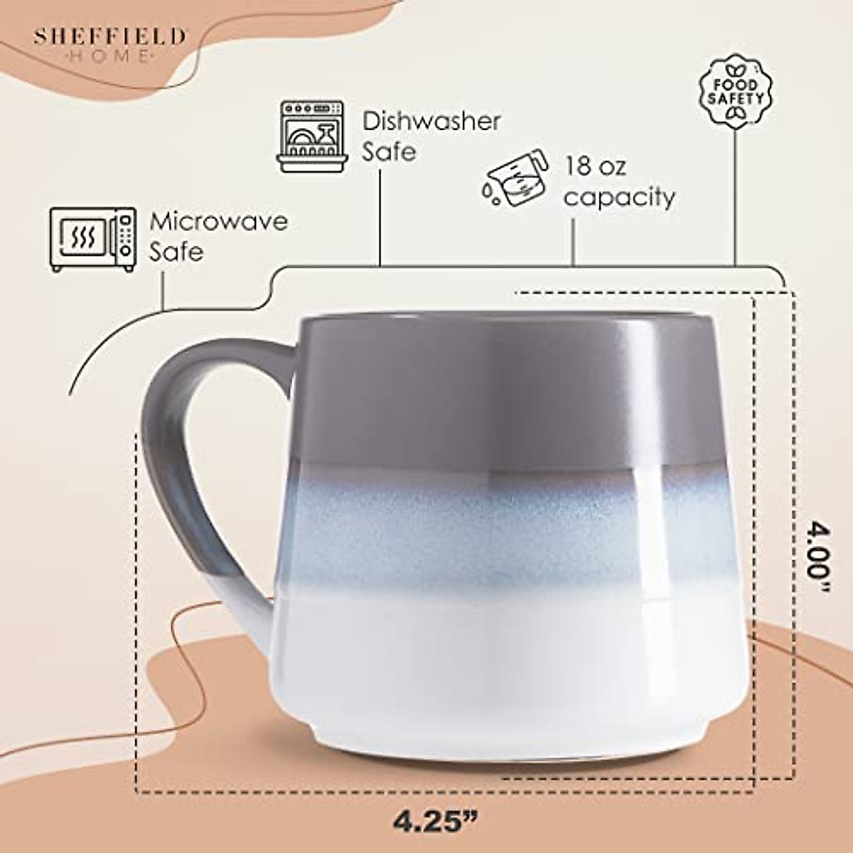 Heartland Hive Set of 4 Stoneware Coffee Mugs- Ombre Printed Bright & Colorful Coffee Cups, Mugs for Tea, Latte, and Hot Chocolate, 20 oz (Blue and Grey)