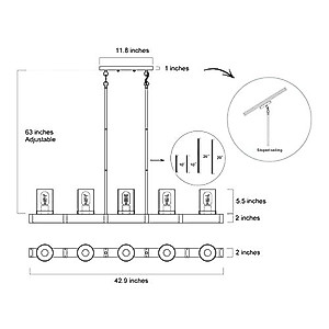 Farmhouse Chandeliers for Dining Room, 5-Light Kitchen Island Lighting, Rectangle Wood Chandeliers with Seedy Glass Shades