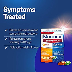 Mucinex Sinus-Max Max Strength Day & Night Liquid Gels (24ct) Relieves Sinus Pressure and Congestion, Headaches, Pain, Runny Nose, Sneezing, Thins and Loosens Mucus, Controls Cough