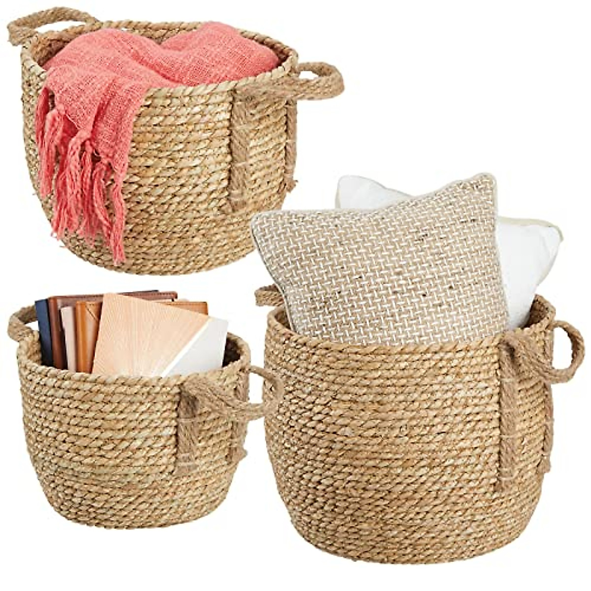 mDesign Round Braided Seagrass Woven Storage Basket with Jute Handles - Rope Weave Circle-Shaped Basket Bin for Shoe Storage in Entryway, Organizing Playroom Toys, and Laundry - Set of 3 - Natural
