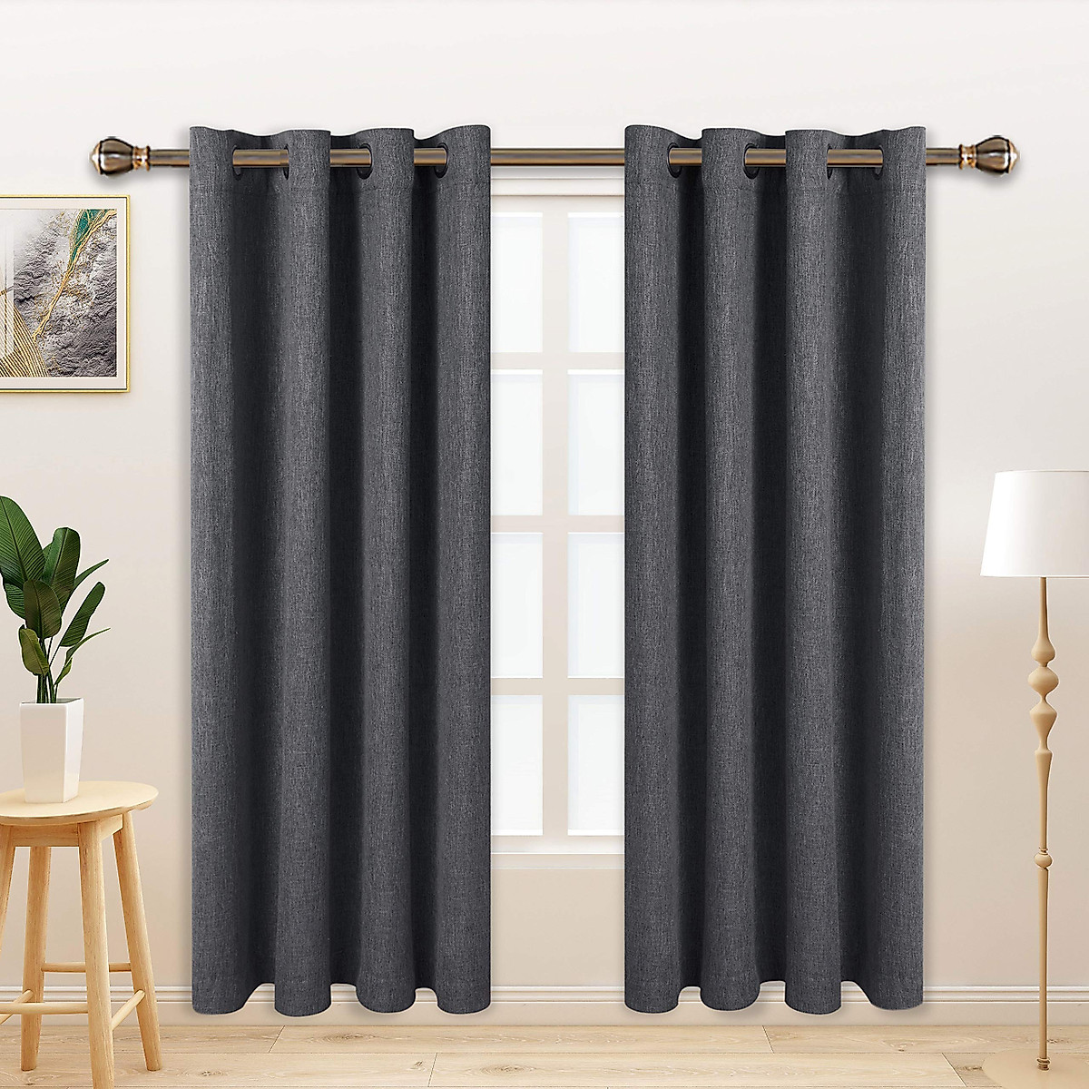 LORDTEX Linen Look Textured Blackout Curtains with Thermal Insulated Liner - Heavy Thick Grommet Window Drapes for Bedroom, 50 x 63 Inches, Grey, Set of 2 Panels