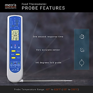 Metris Instruments Food Cooking Meat Thermometer Digital Infrared Instant Read with Probe for Kitchen, Outside Grill, BBQ Smoker, Model TCT303F-NSF NSF Approved