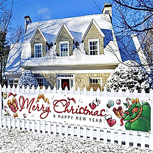 Large Merry Christmas Banner Xmas Outdoor Decorations Double Printed Happy New Year Cute Presents 120" x 20" Huge Yard Sign Holiday Party Supplies Backdrop Home Decor Ornaments for Garden House Fence Garage Indoor Gifts