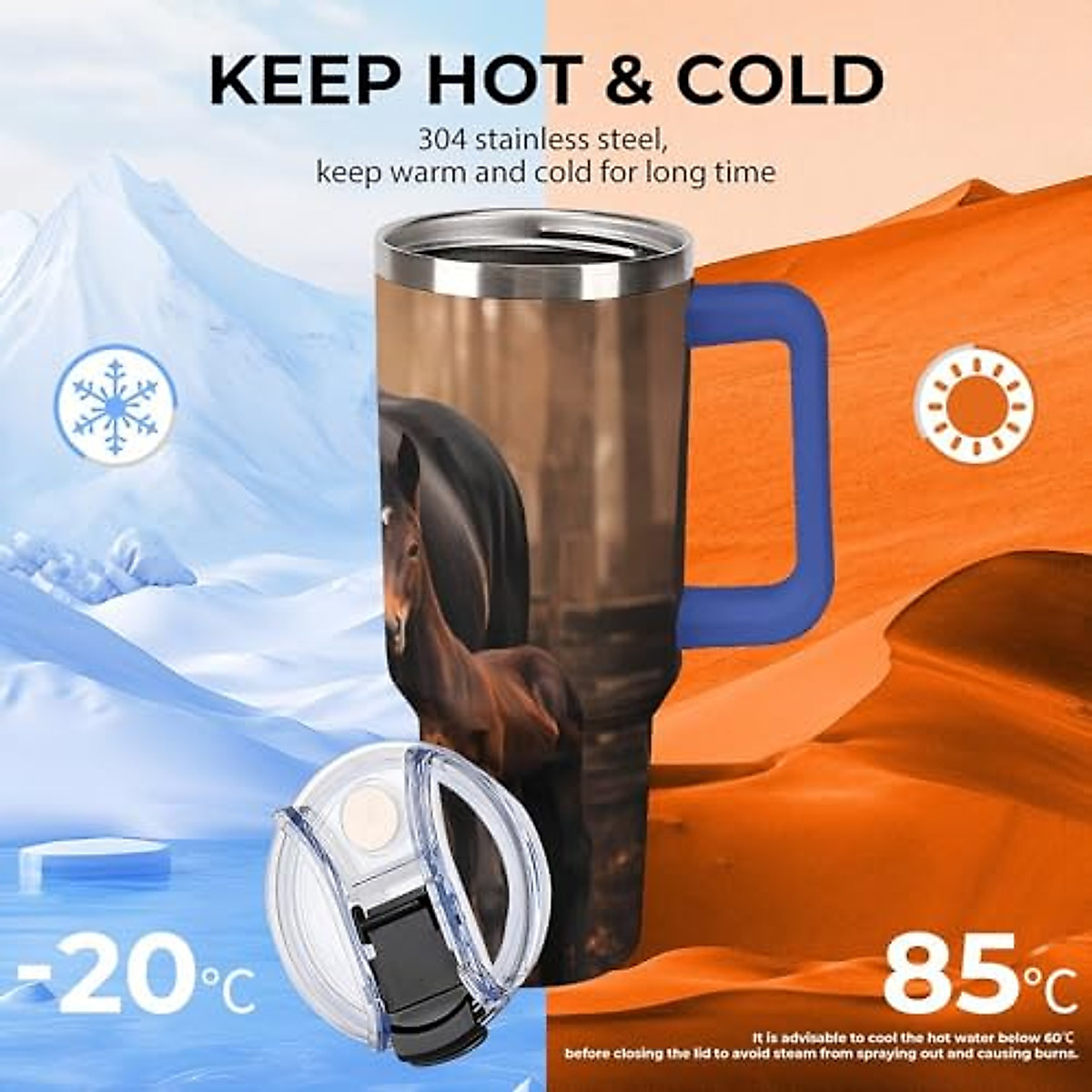 Wild Animal Mare And Foal Horse 40 Oz Car Cup Stainless Steel Travel Mug Leak-Proof Insulated Tumbler with Handle Deep Blue-style