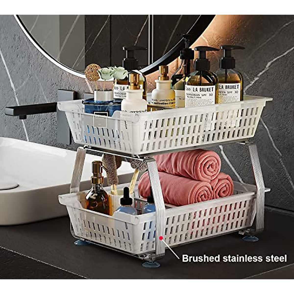 junyuan Under Sink Organizers and Storage, Bathroom Countertop Organizer with Dividers,Double Pull Out Cabinet Organizer Stainless Steel