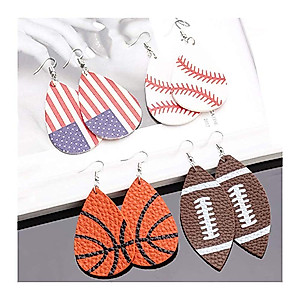 Wremily 8 Pairs Teardrop Leather Baseball Earrings For Sport Lover USA Flag Statement Leaf Leather Dangle Earring Set For Women Lightweight