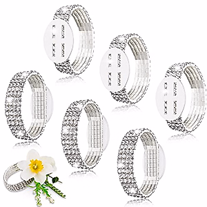 6 Packs Corsage Bracelet Wrist Corsage Rhinestone Elastic Wrist Corsage Rhinestone Bracelet DIY Wrist Corsages Accessories for Wedding Decor Prom Ceremony Anniversary Bridal Shower Party (Silver)