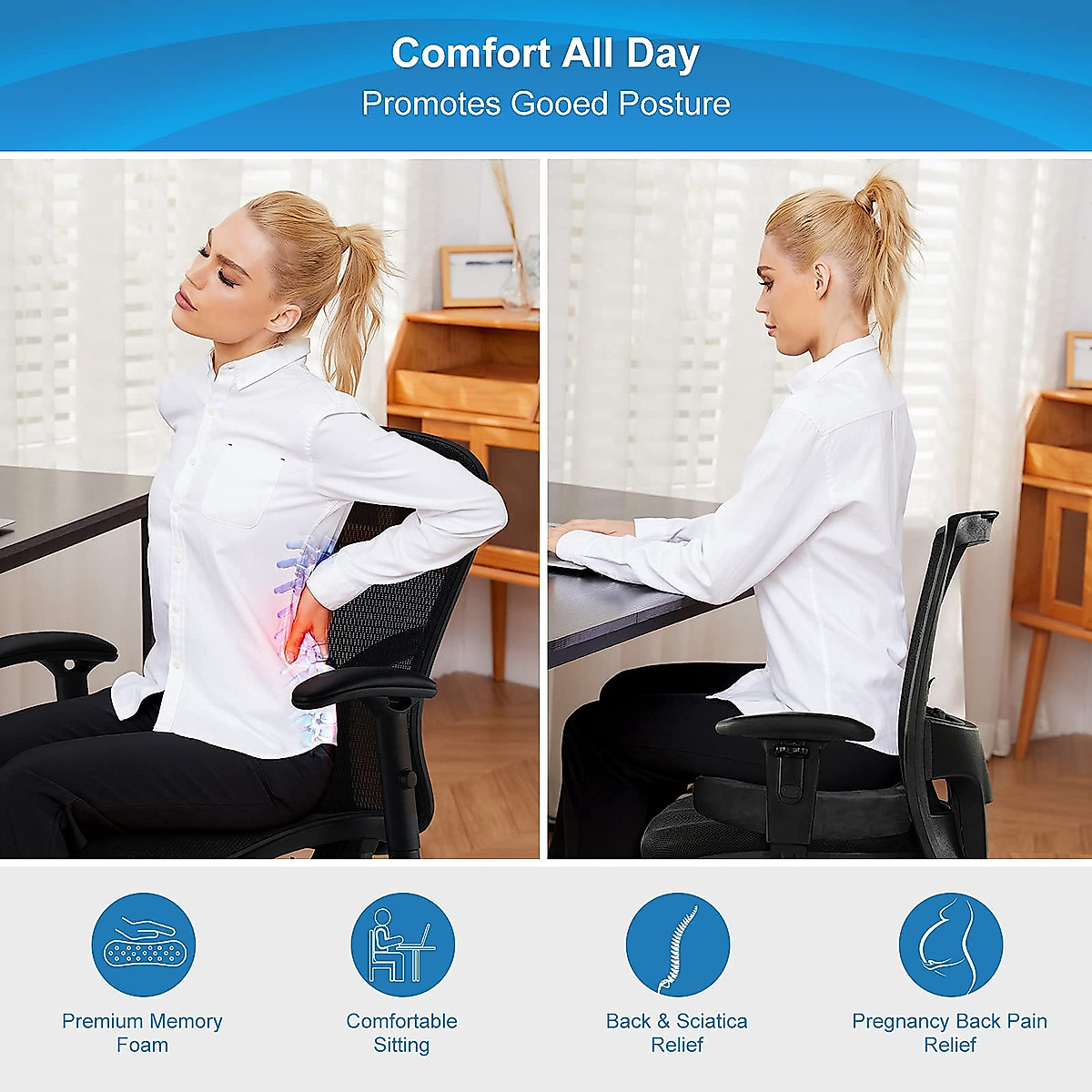 Bomdaia Seat Cushion for Office Chair, Desk Chair Car Seat Cushion for Tailbone Pain, Memory Foam Coccyx Seat Cushion for Sciatica, Back Pain Relief (Black)