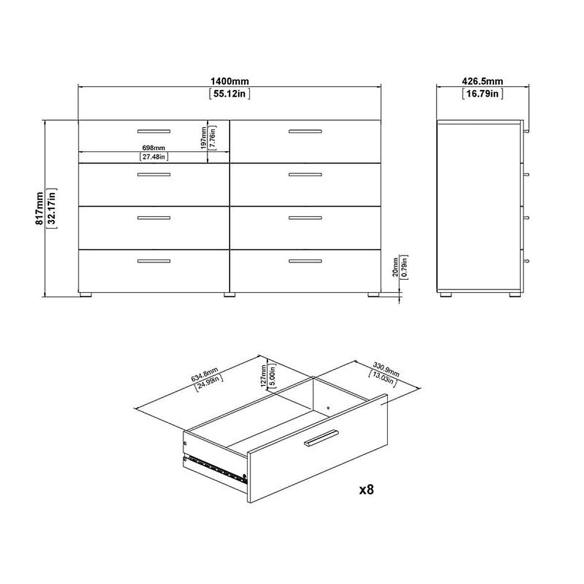 Levan Home 32" H x 55" W Contemporary Scandinavian Design Engineered Wood Double Bedroom Dresser with 8-Drawer and Silver Bar Handles, Suitable for Small Rooms, in Clean Oak/White High Gloss