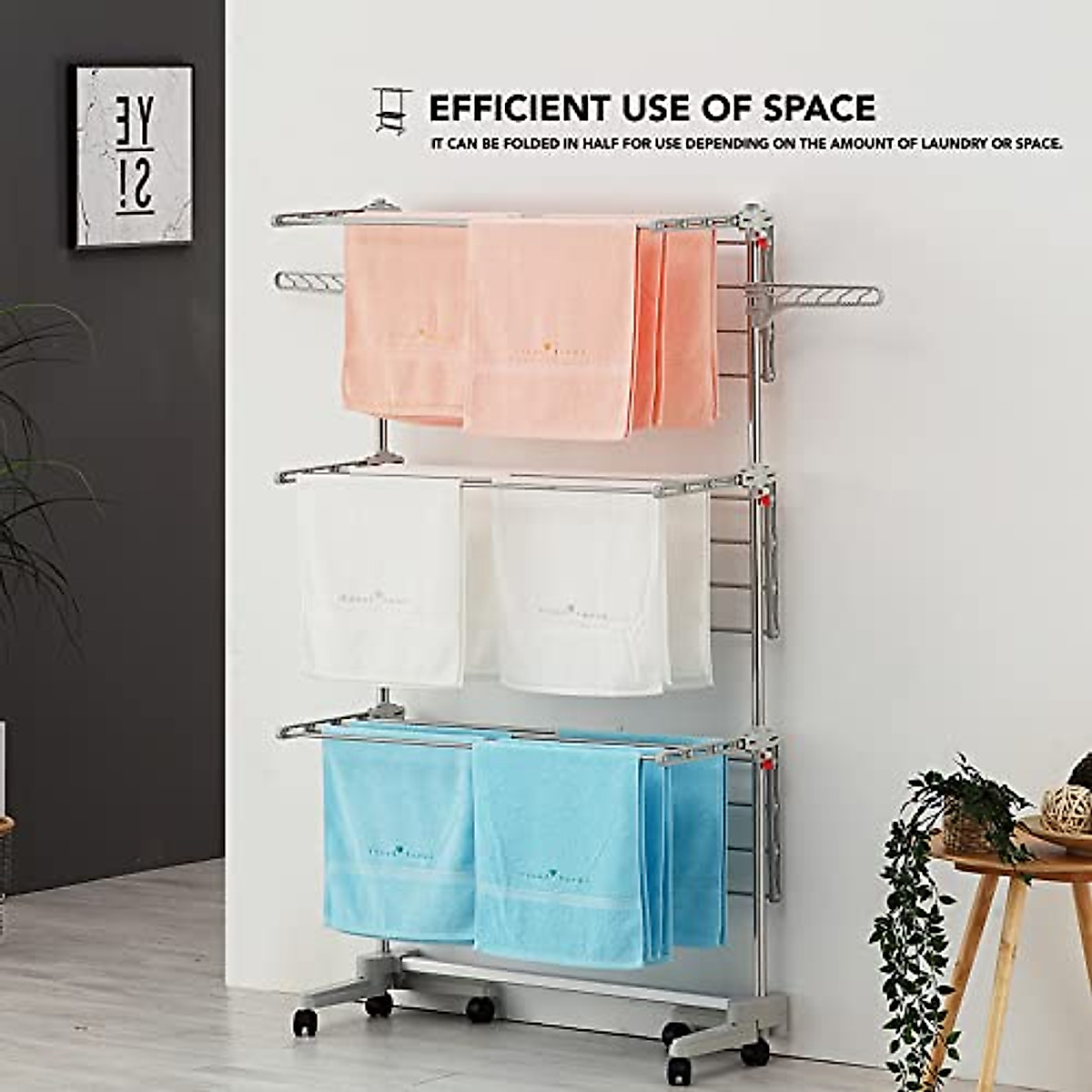 Hulife 3-Tier Foldable Clothes Drying Rack, Stainless Steel, 6 Foldable Trays, 2 Extra Side Wings, Easy Storage (Made in Korea)