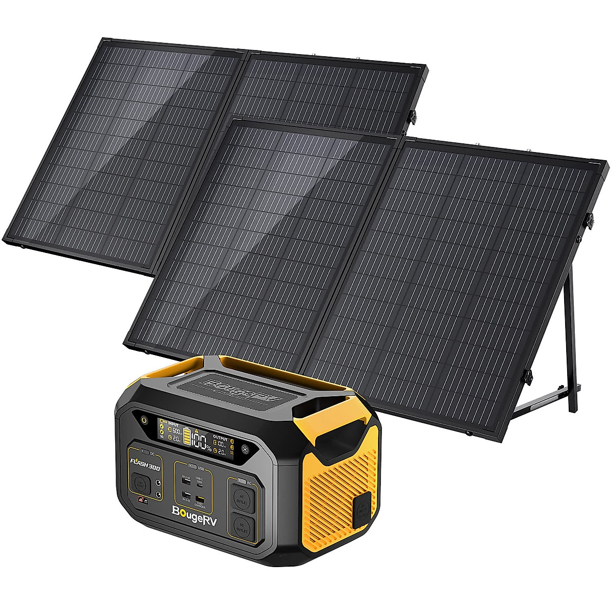 BougeRV Bundle–3 items: Flash-300 Portable Power Station 286Wh 600W Solar Generator with 2x 130W Portable Solar Panel Foldable Lightweight Solar Charger