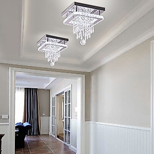 CXGLEAMING Square Crystal Chandelier Modern Crystal Ceiling Light Square LED Chandelier Flush Mount Ceiling Chandeliers for Dining Room Bedroom Hallway Closet (Cool White)