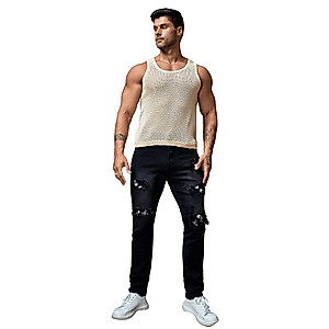 Verdusa Men's Casual Sleeveless Round Neck Sheer Knitted Tank Muscle Top Beige XL