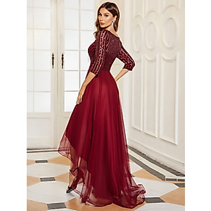 Ever-Pretty Women's High Low A-Line Sequin 3/4 Sleeve Tulle Evening Party Dress Burgundy US4