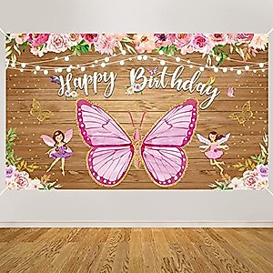 Butterfly Birthday Banner Backdrop Decorations for Girls Women, Fairy Themed Happy Birthday Backdrop Sign Party Supplies, 10th 16th 21st 30th 40th 50th Pink Flower Bday Background Decor