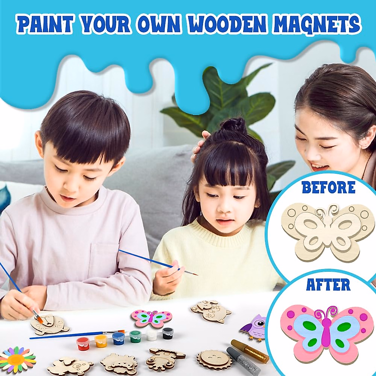JOAOYO 40 Wooden Magnets DIY Wooden Art Painting Craft Kit for Kids Paint Your Own Wooden Magnets Arts and Crafts Supplies Party Favors for Kids Boys Girls Ages 4 5 6 7 8 9 10 11 12