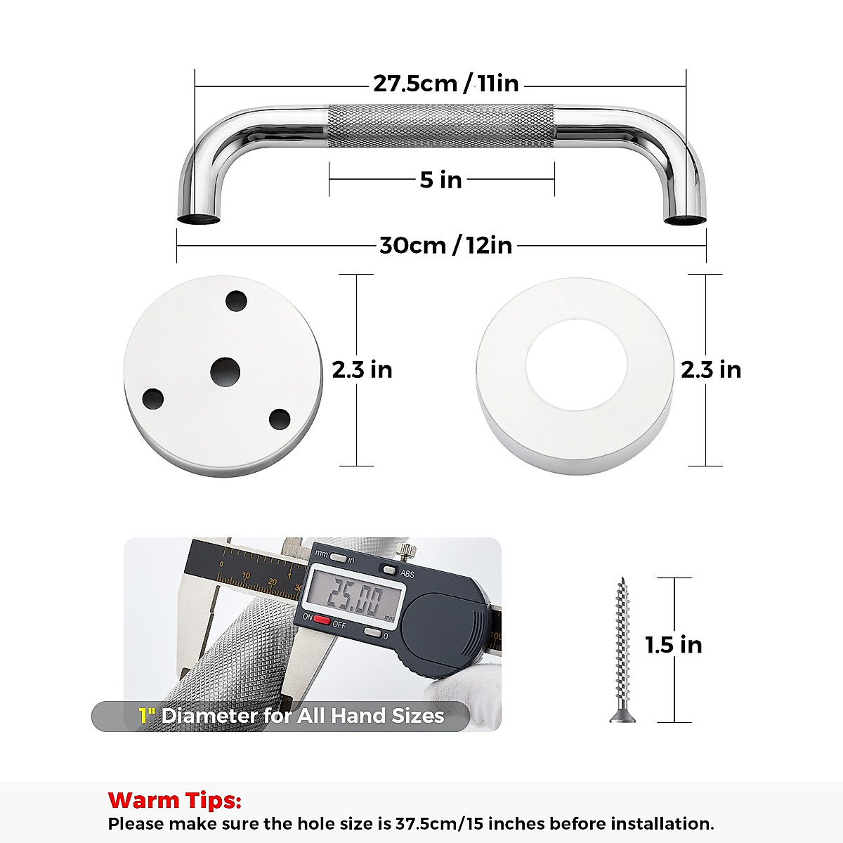 2 Pack Grab Bars for Shower Handle, 12 Inch Anti Slip Shower Grab Bars for Seniors, Stainless Steel Knurled Handicap Grab Bars for Bathroom(Polished Chrome, 1" Diameter)