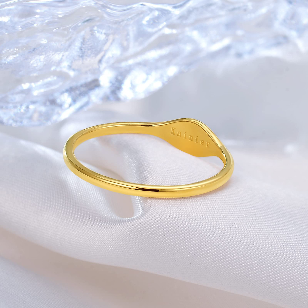 Kainier 1mm 14K Gold Plated Rings Stackable Arc Slim Signet Rings Thin Plain Statement Band for Women Pointer Finger Classic Ring Comfort Fit Size 5 to 10