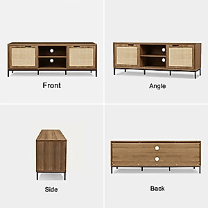 Anmytek Farmhouse Rattan TV Stand for 65 Inch TV Rustic TV Console Table with 2 Rattan Doors Modern Entertainment Center for Living Room Bedroom H0033
