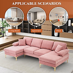 OUYESSIR U-Shaped Sectional Sofa Couch, 4 Seat Sofa Set for Living Room, 110.6" L-Shaped Chenille Sleeper Couch Set with Double Chaise Lounge (Pink)