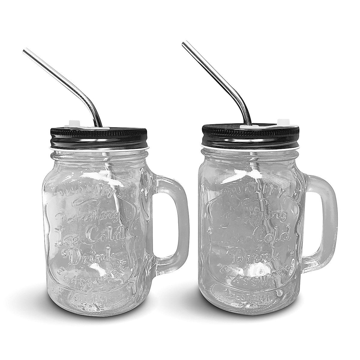Home Suave Mason Jar Mugs with Handle, Regular Mouth, Colorful Lids with 2 Reusable Stainless Steel Straw, Set of 2 (Black), Kitchen GLASS 16 oz Jars,Refreshing Ice Cold Drink & Dishwasher Safe