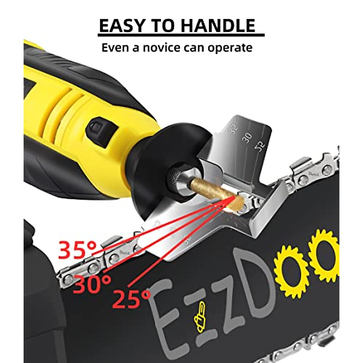 EzzDoo Electric Chainsaw Sharpener Kit with TITANIUM-PLATED Diamond Bits - High-Speed Chain saw Sharpener Tool and 4 Sizes High Hardness Sharpening Wheels For All Chainsaw Chains