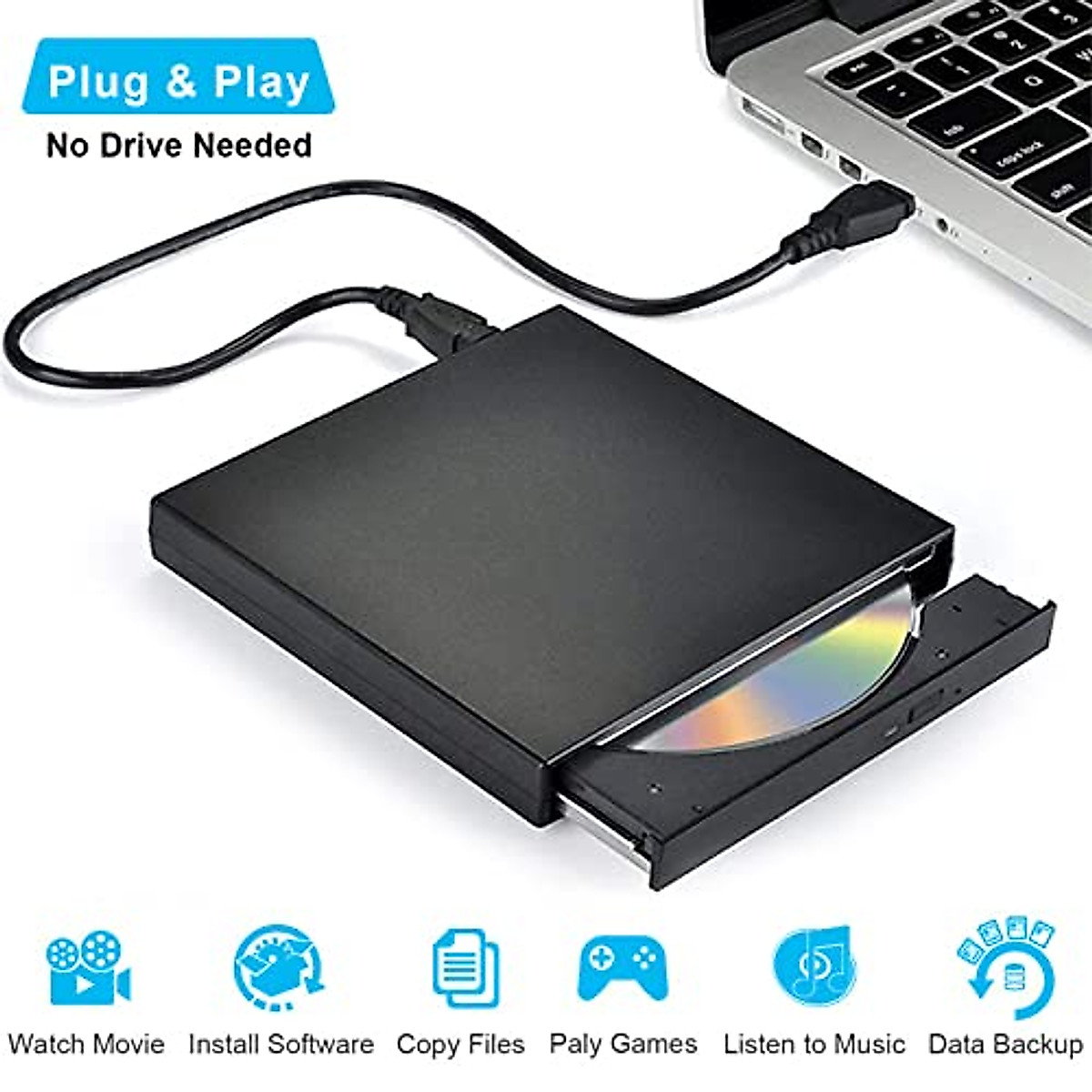 Blingco External CD DVD Drive, USB 2.0 Slim Protable External CD-RW Drive DVD-RW Burner Writer Player for Laptop Notebook PC Desktop Computer, Black