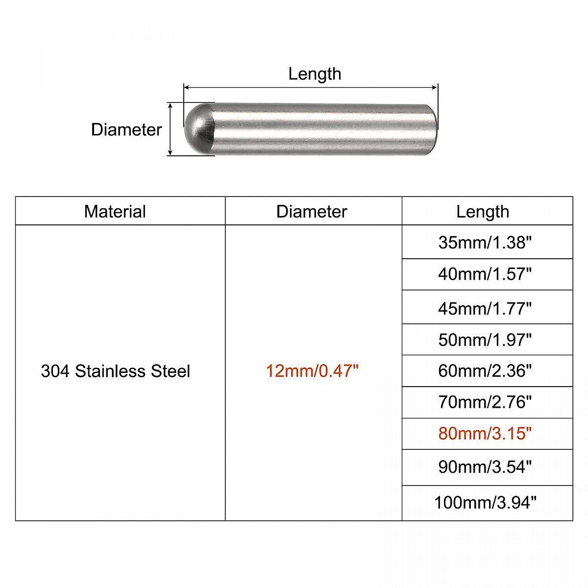 uxcell 12x80mm Dowel Pins, 2pcs 304 Stainless Steel Round Head Flat Chamfered End Dowel Pin Bunk Bed Pins Shelf Pegs Support Shelves Fasten Elements