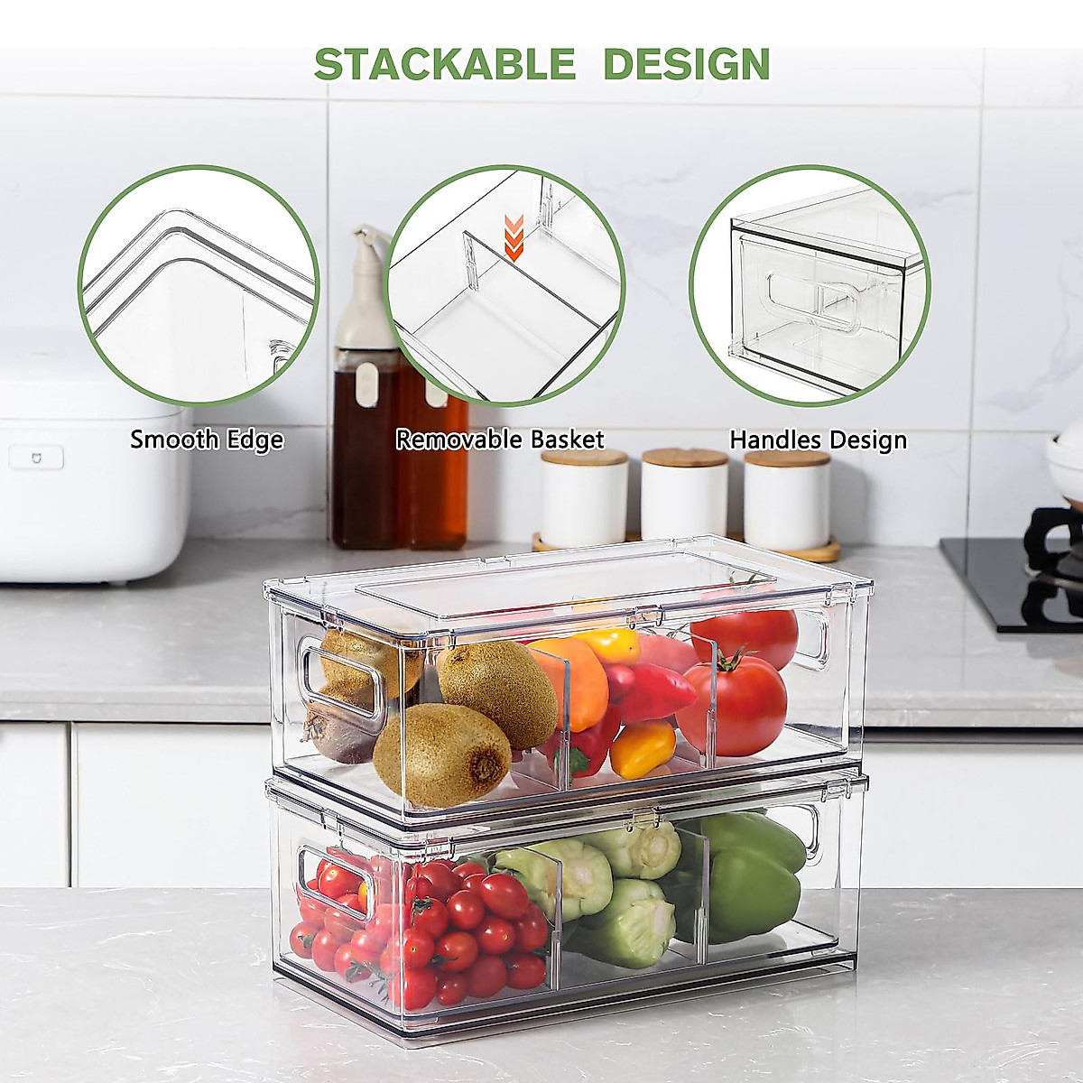 shopwithgreen Refrigerator Organizer Bins with Pull-out Drawer, Drawable Clear Fridge Drawer Organizer with Handle, Plastic Kitchen Pantry Storage Containers , 2 Pack, 3.7QT