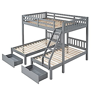 RUNWON Full Over Twin Wood Triple Bunk Bed with 2 Drawers for Kids Adults Bedroom,Detachable to 3 Platform Beds,No Box Spring Needed