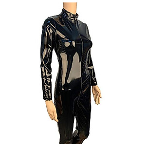 BERMEL Women's Bodysuit Shiny Patent Black PVC Leather CatSuit Full Body Sexy Latex Tight Zipper Jumpsuit Rubber Clothing (M)