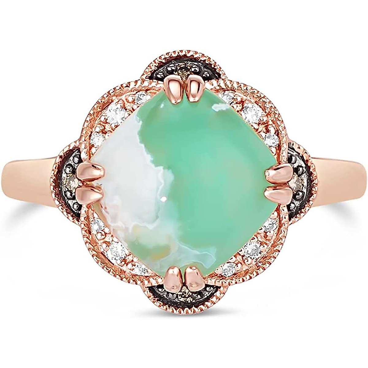 LE VIAN 3 1/4 Carat Cushion Shaped Green Aquaprase Cabochon White Topaz and Smoky Quartz Milgrain Flower Statement Ring for Women in 14k Rose Gold Plated 925 Sterling Silver Promise Ring Size 10