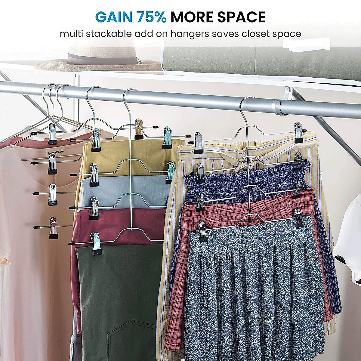Zober Space Saving 4 Tier Skirt Hanger with Adjustable Clips (3 Pack) 4-on-1 Hanger, GAIN 50% More Space, Reliable Non Slip Grip, Durable Metal Pants Hanger Great for Slack, Trouser, Jeans, Towels Etc